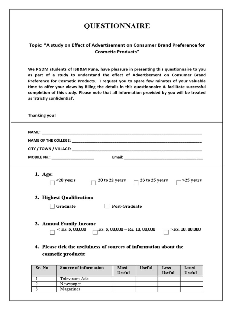 QUESTIONNAIRE of BRM | PDF | Persuasion | Advertising