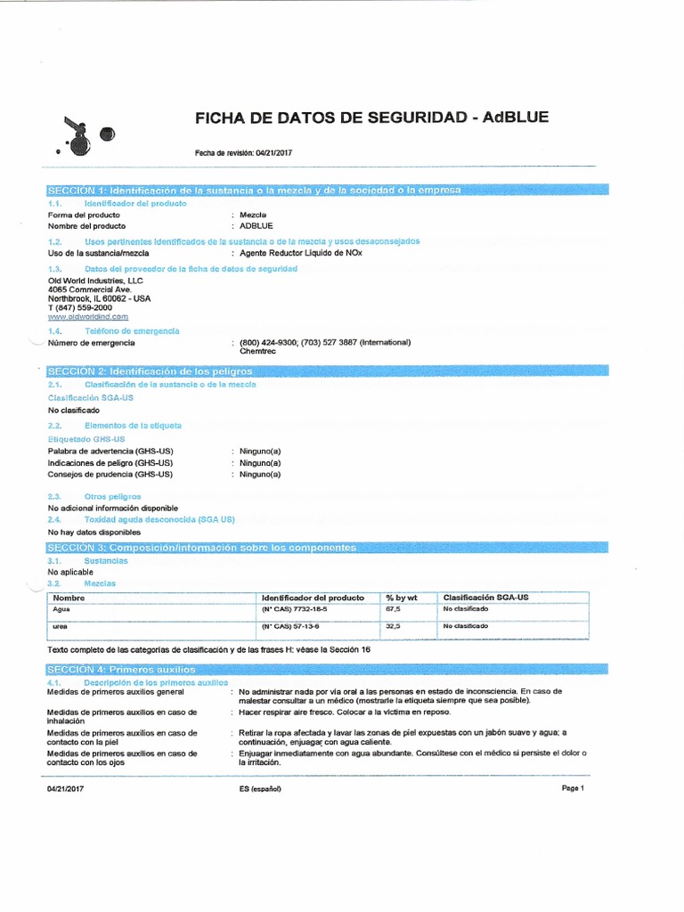 MSDS Adblue PDF | PDF | Ciencias fisicas | Química
