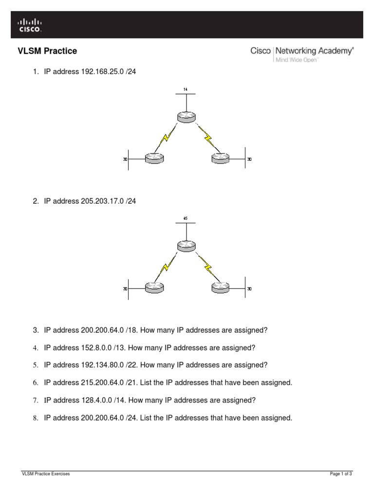 VLSM Practice Exercises Page 1 of 3 | PDF | Ip Address | Network Architecture
