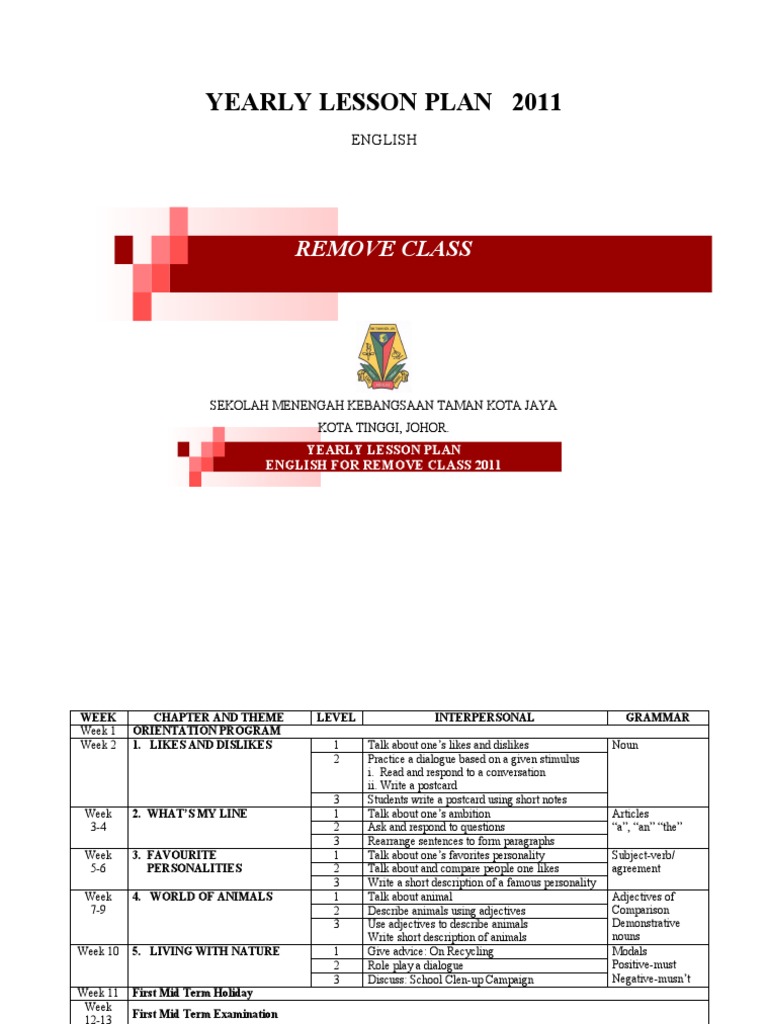 YEARLY LESSON PLAN English For Remove | PDF | Syntax | Morphology