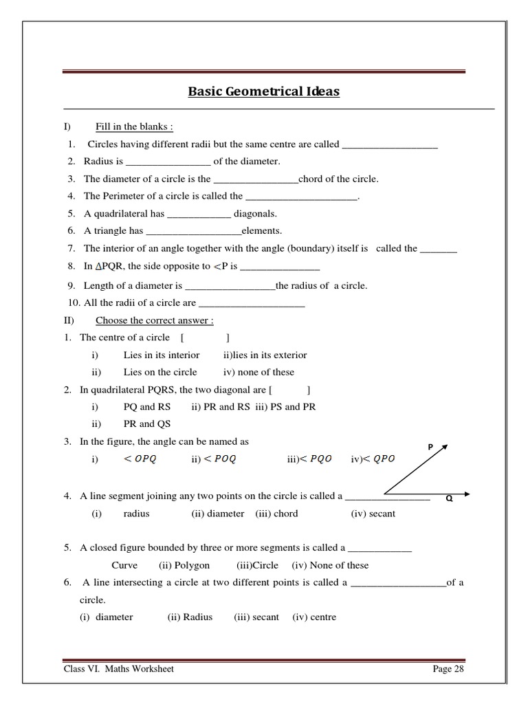 Basic Geometrical Ideas: Class VI. Maths Worksheet | PDF | Circle | Radius