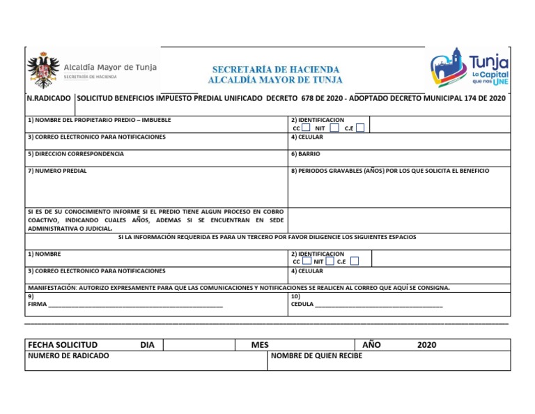 Formato Predial Solicitud Beneficios Decreto 678 | PDF