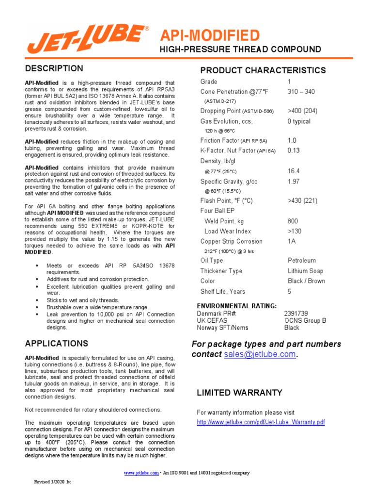 Jet-Lube API Modified High Pressure Thread Compound | Download Free PDF ...
