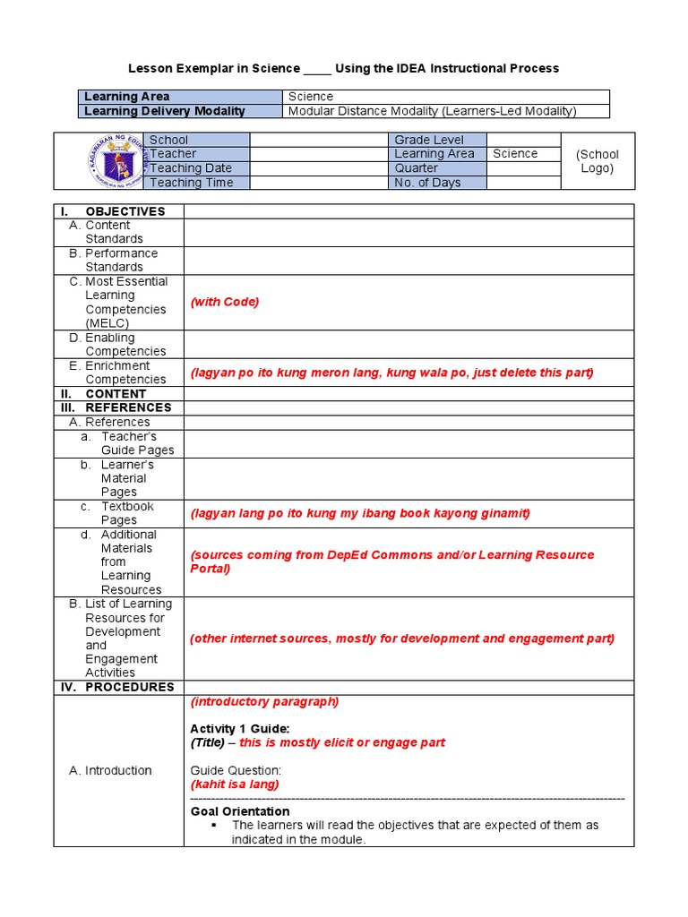 Lesson Exemplar in Science - Using The IDEA Instructional Process ...