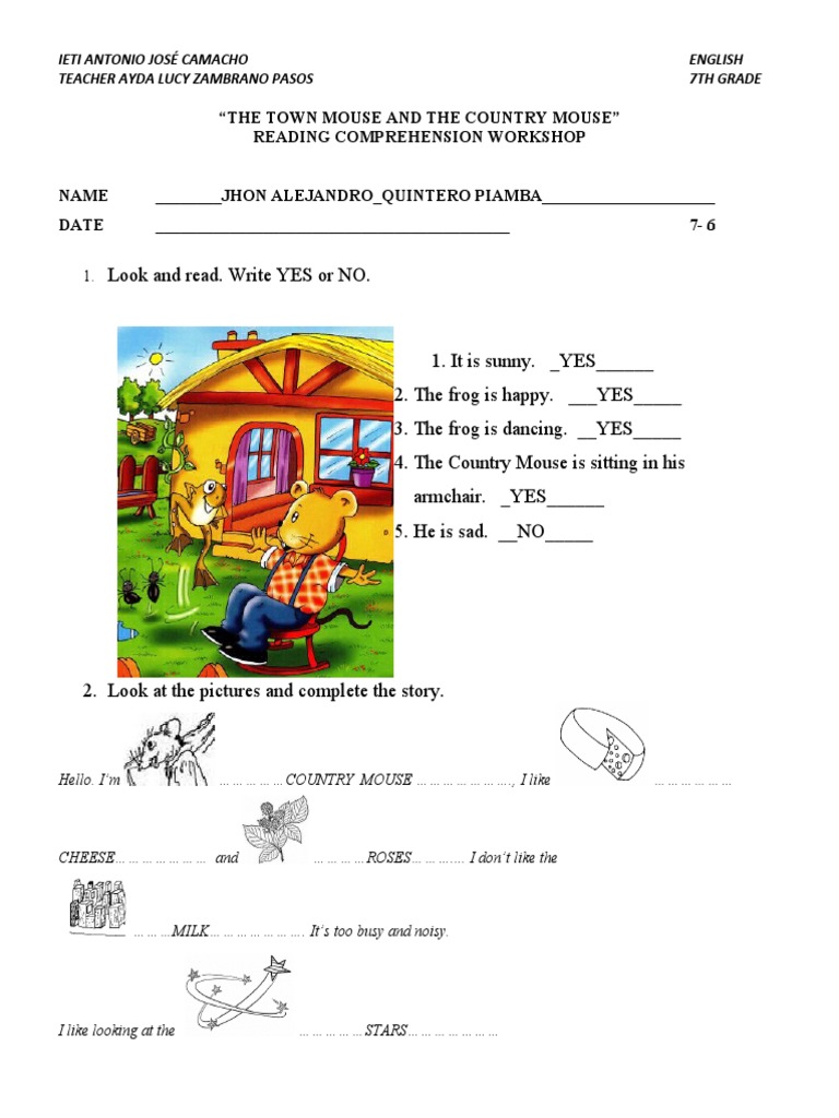 "The Town Mouse and The Country Mouse" Reading Comprehension Workshop ...