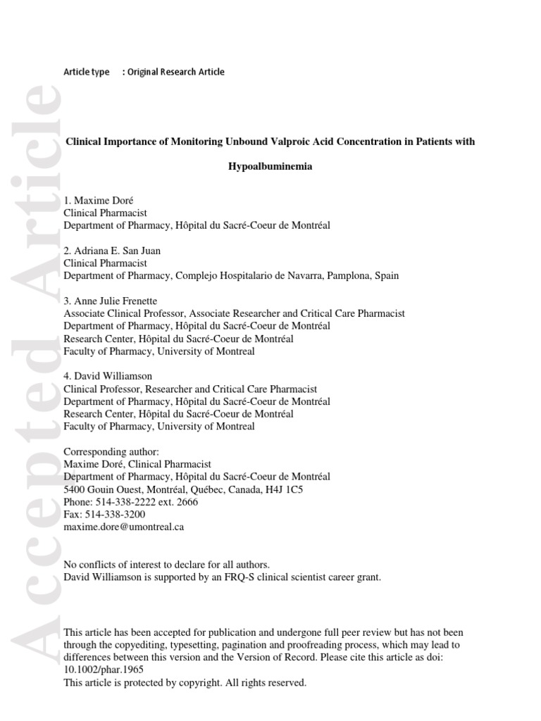 Monitoring Unbound Valproic Acid Concentration in Patients With ...