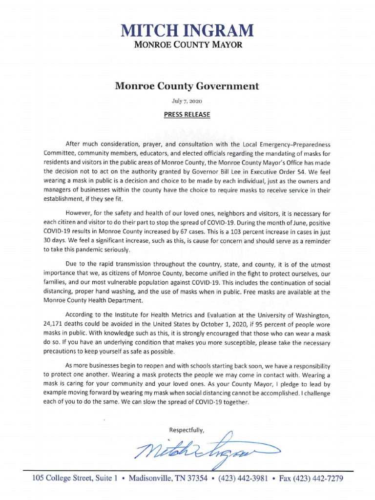 Monroe County Mayor Gives Statement On Face Masks | PDF | Public Sphere ...