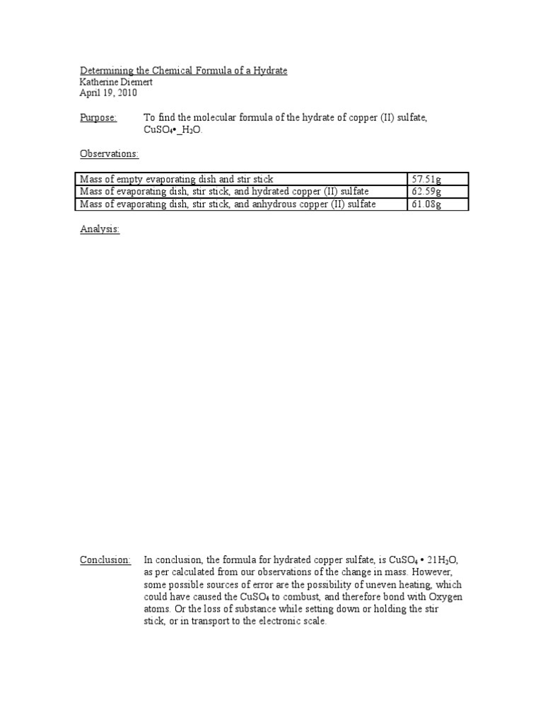 Chemistry Lab: Hydrate Formula Analysis | PDF | Sulfate | Chemical ...