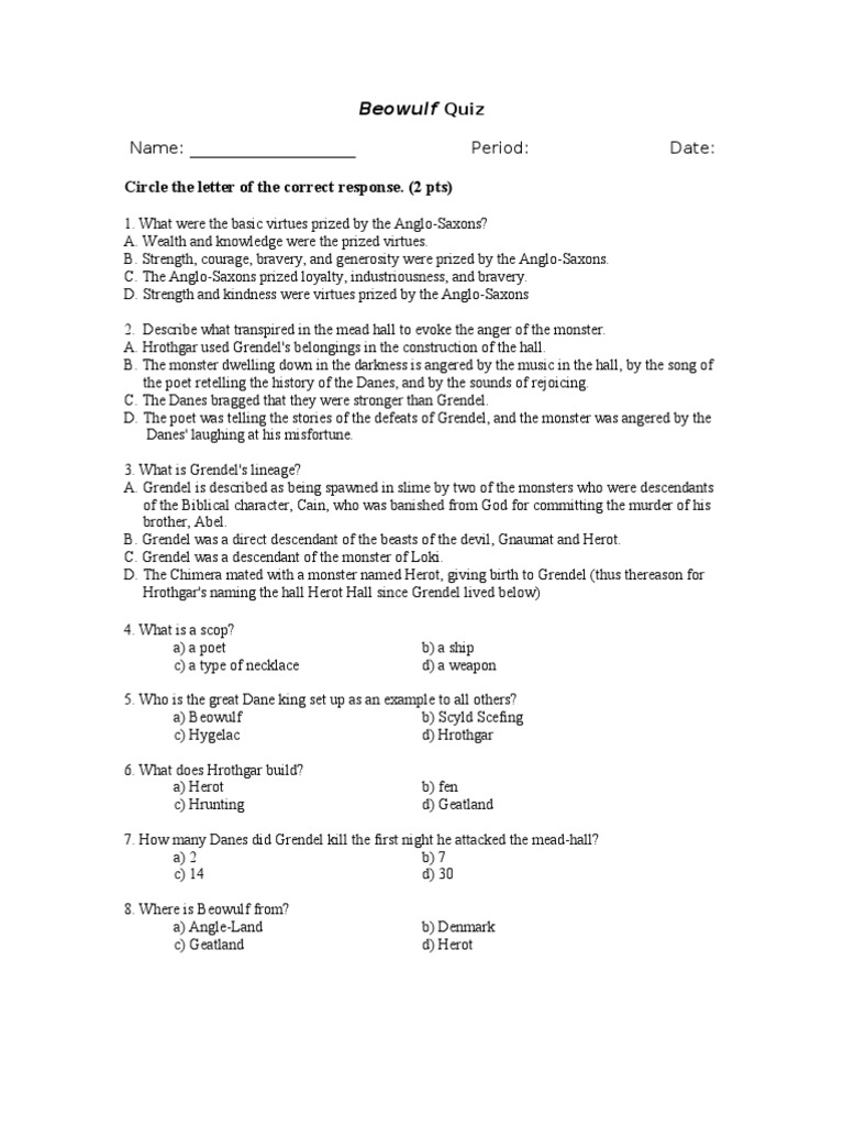 Beowulf Quiz | PDF | Beowulf | Germanic Folklore