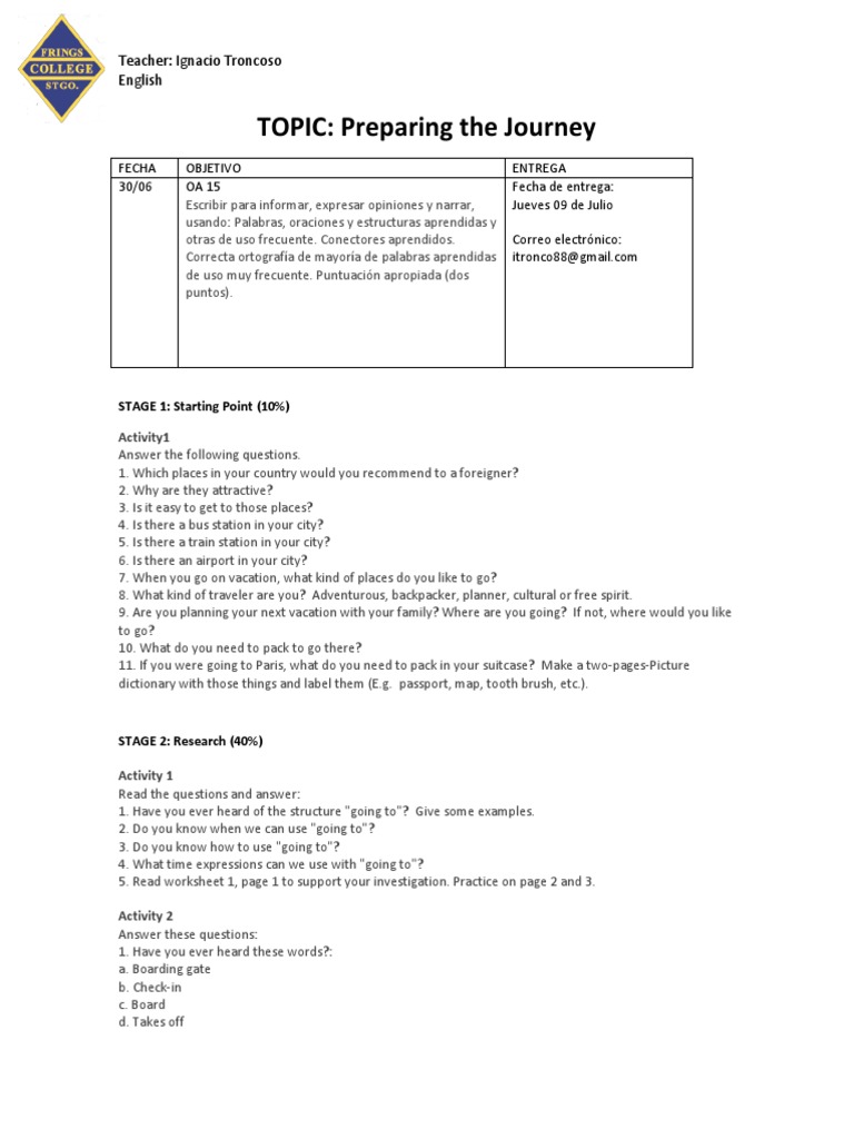 TOPIC: Preparing The Journey: Teacher: Ignacio Troncoso English | PDF ...