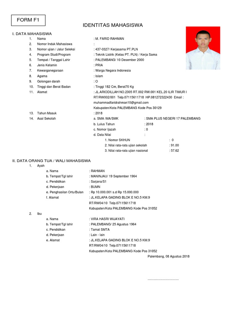 Form F1 Identitas Mahasiswa | PDF