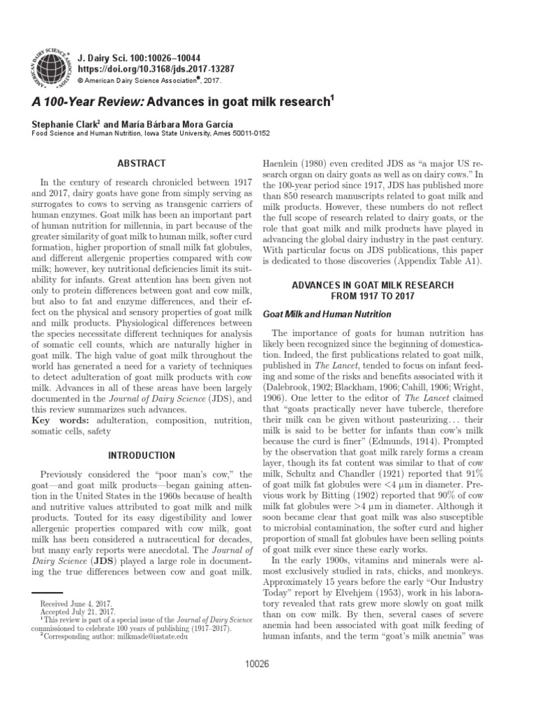 A 100-Year Review: Advances in Goat Milk Research: J. Dairy Sci. 100: ...