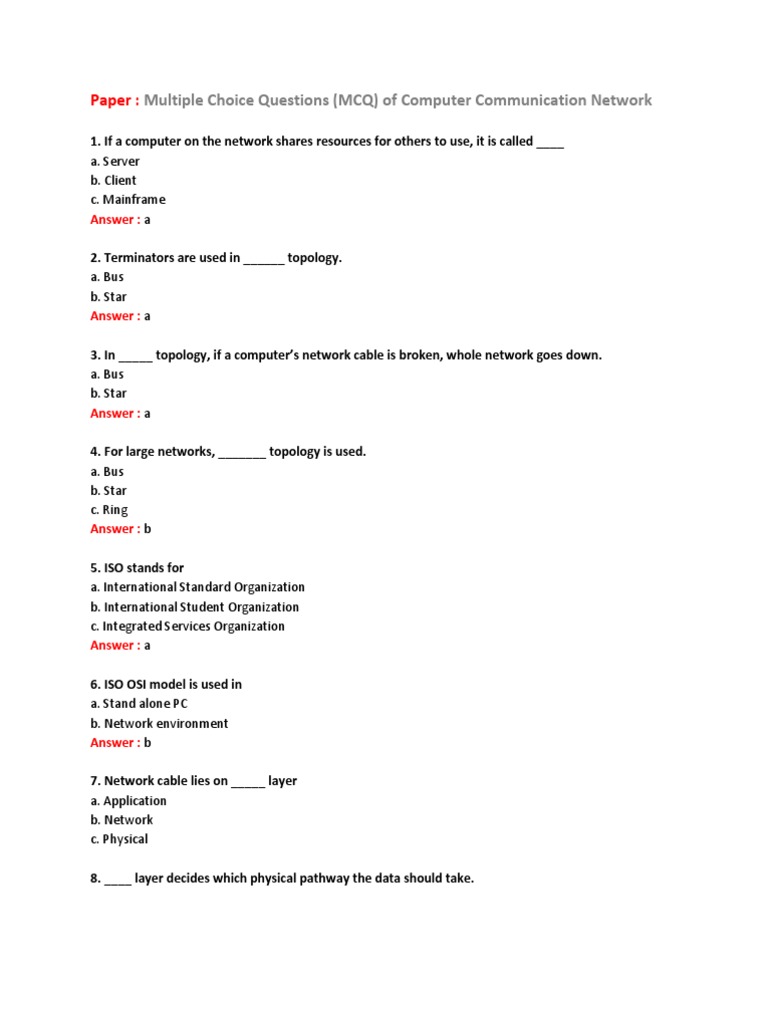 Multiple Choice Questions (MCQ) of Computer Communication Network | PDF