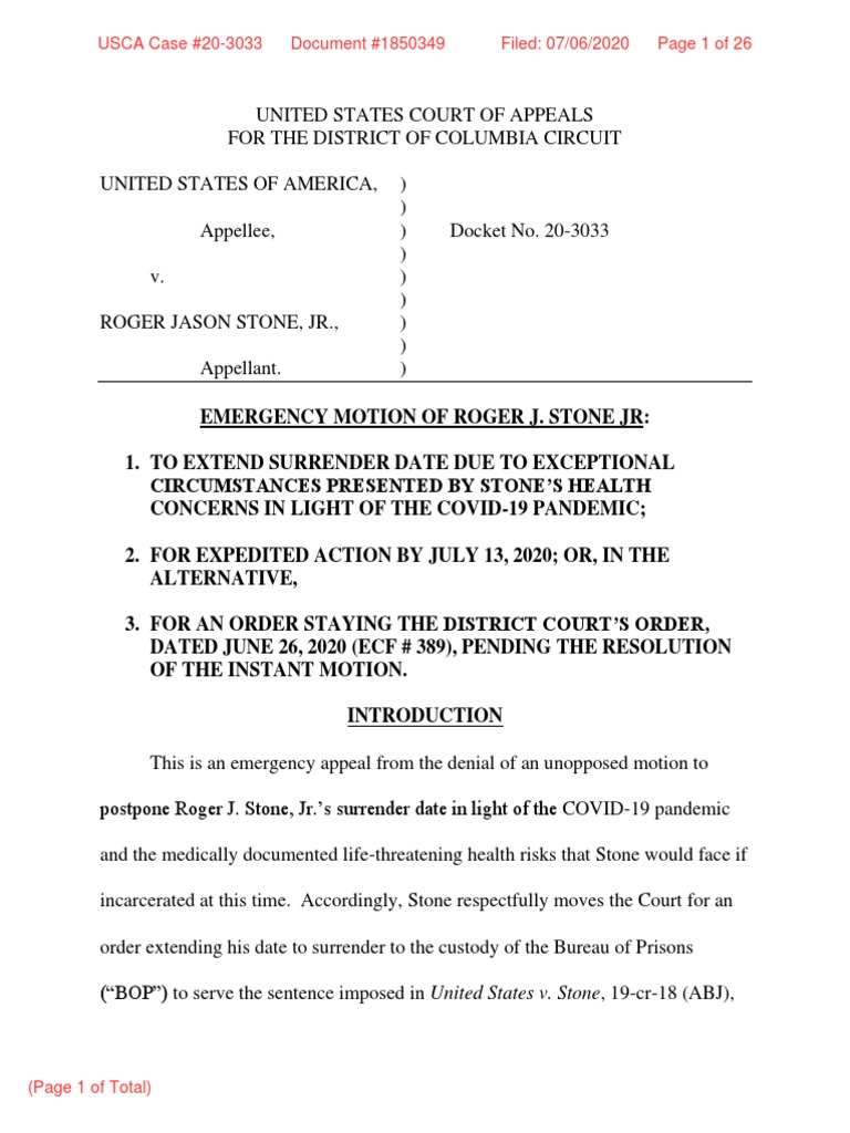 Stone Surrender Extension Appeal | PDF | Bail | United States District ...