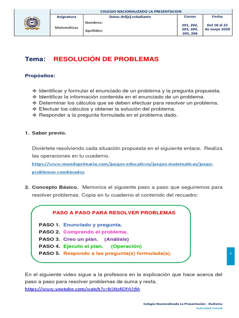 Matemáticas Grado Segundo Pasos Resolución de Problemas | PDF ...