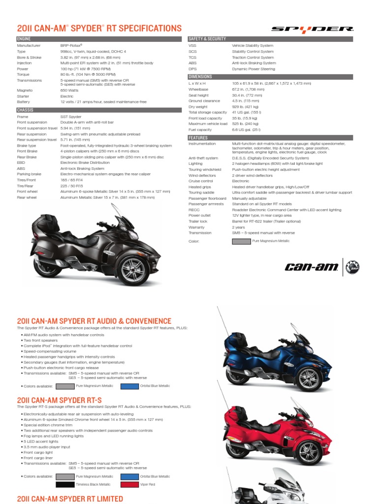 2011 Can-Am Spyder RT Specifications: Engine Safety & Security | PDF ...