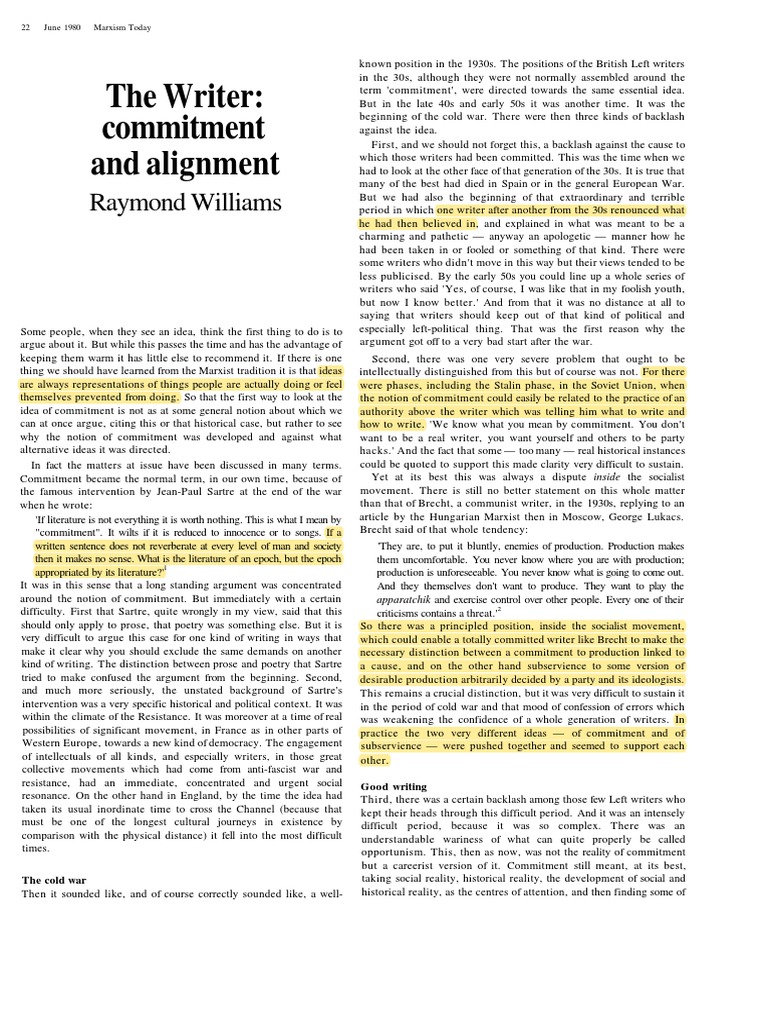 Raymond Williams, The Writer-Commitment and Alignment | PDF | Writers ...