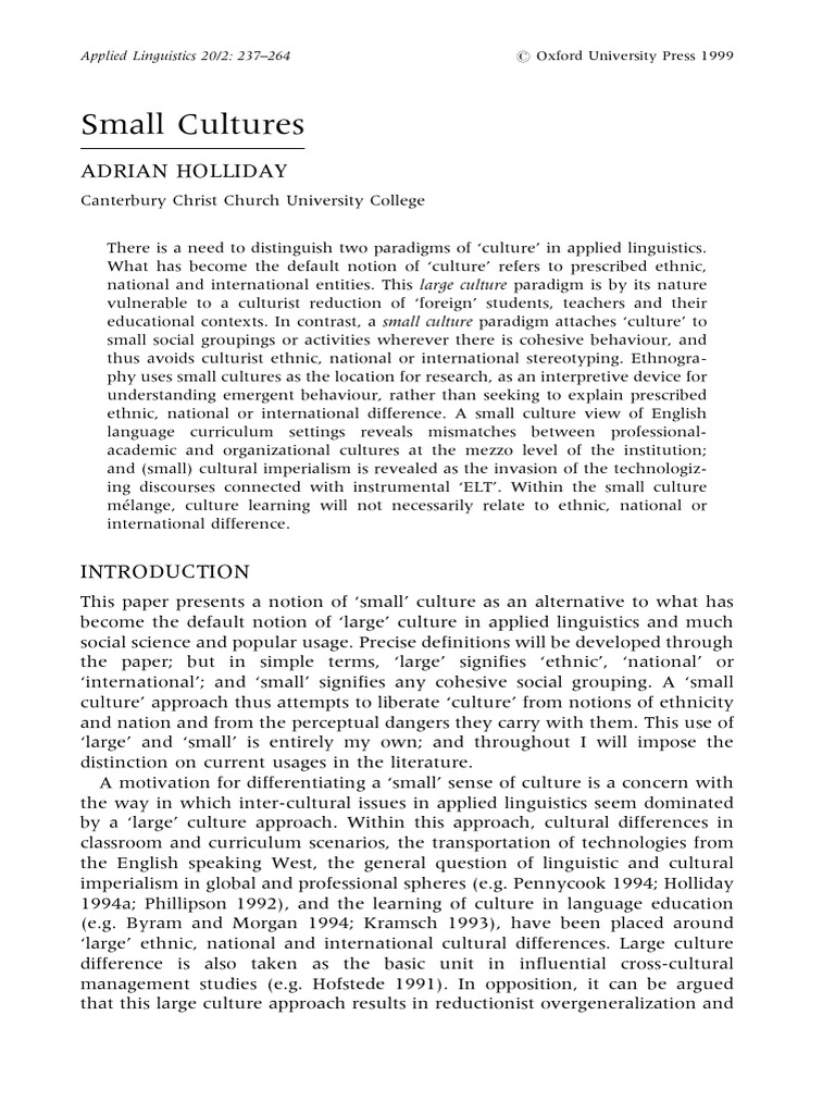 HOLLIDAY Adrian - Small Cultures. Oxford University Press. 1999 | PDF ...