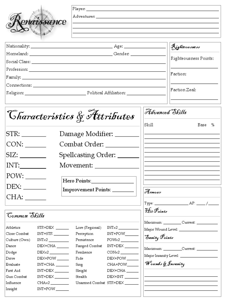 Character Sheet: An Adventurer's Attributes and Abilities | PDF ...