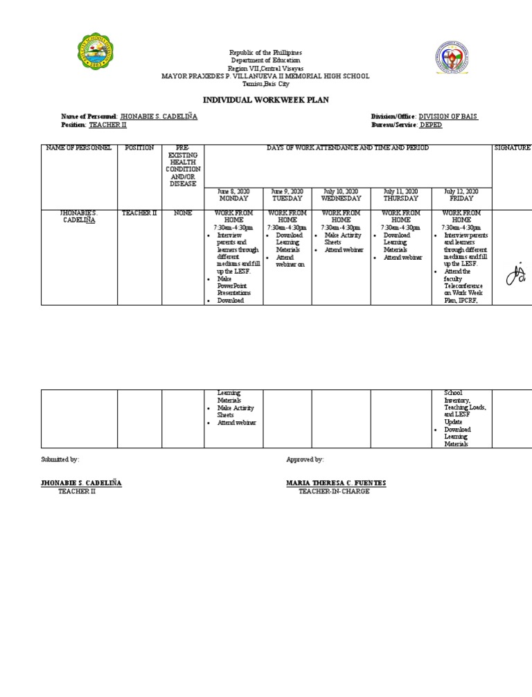 Cadelina - Workweek Plan June8to12 2020 | PDF | Business