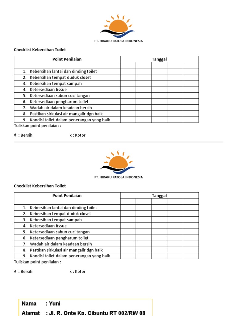 Checklist Kebersihan Toilet Lengkap | PDF