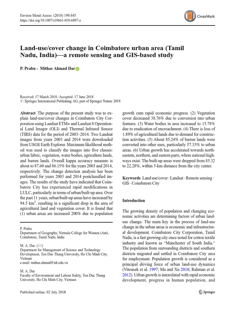 Land Use Cover Change in Coimbatore Urban Area (Tamil Nadu, India) A Remote Sensing and GIS ...