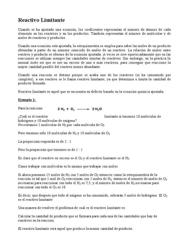 Reactivo Limitante-Teoria | PDF | Estequiometría | Reacciones químicas