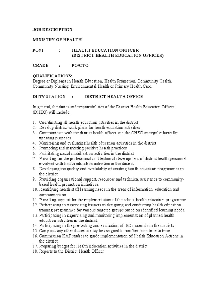 Job Description Ministry of Health Post: Health Education Officer ...