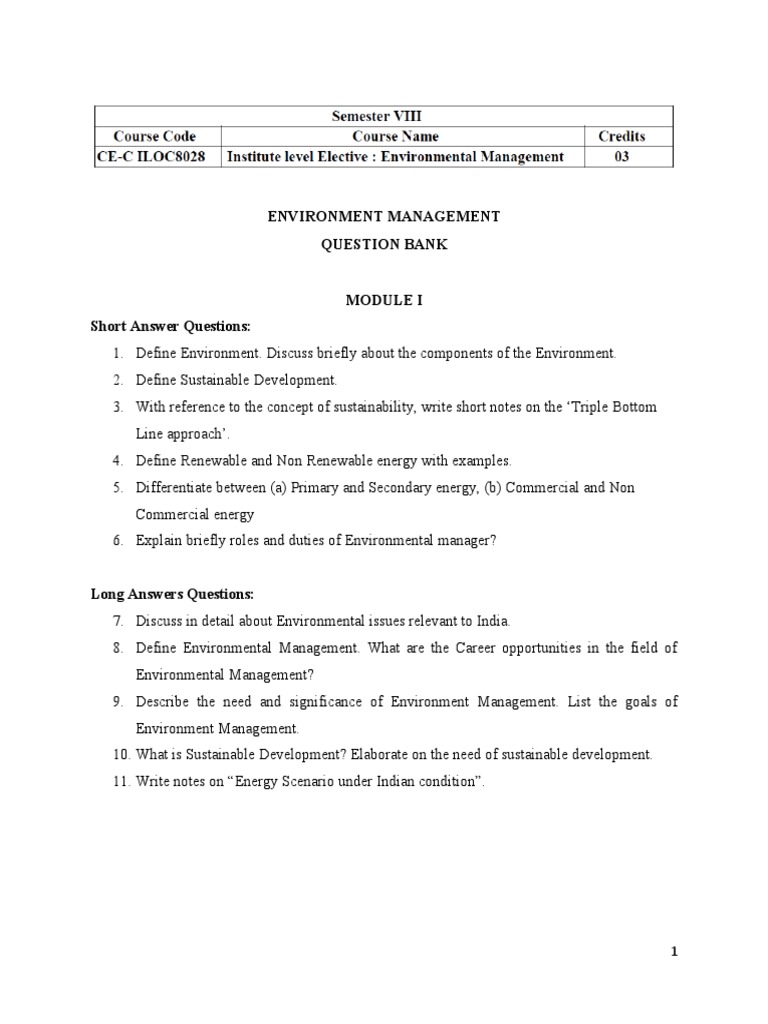 Environment Management - Question Bank | PDF | Environmental Resource ...