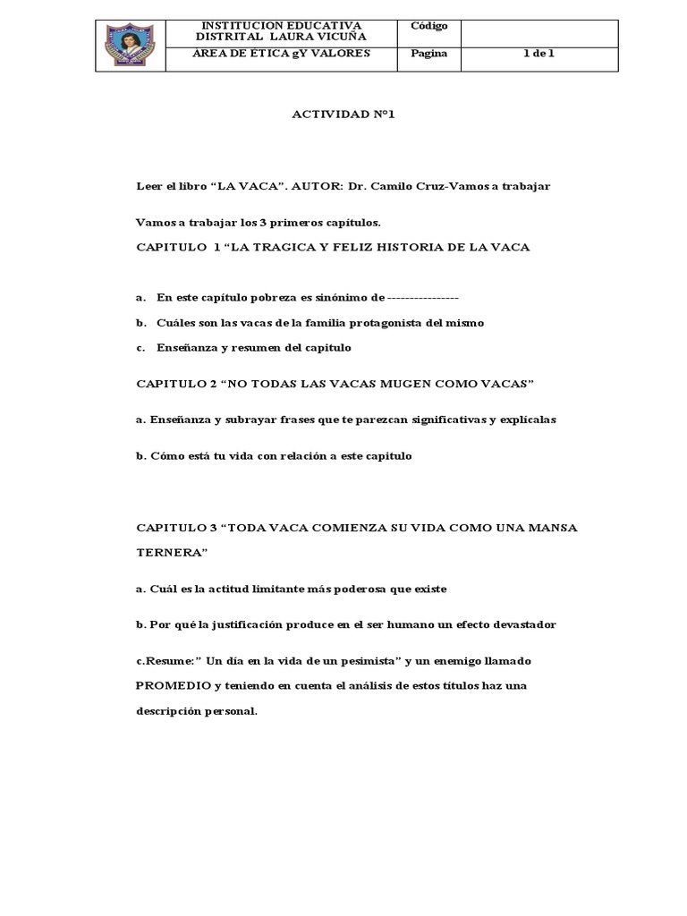 Actividades sobre "La Vaca" de Camilo Cruz | PDF | Religión y ...