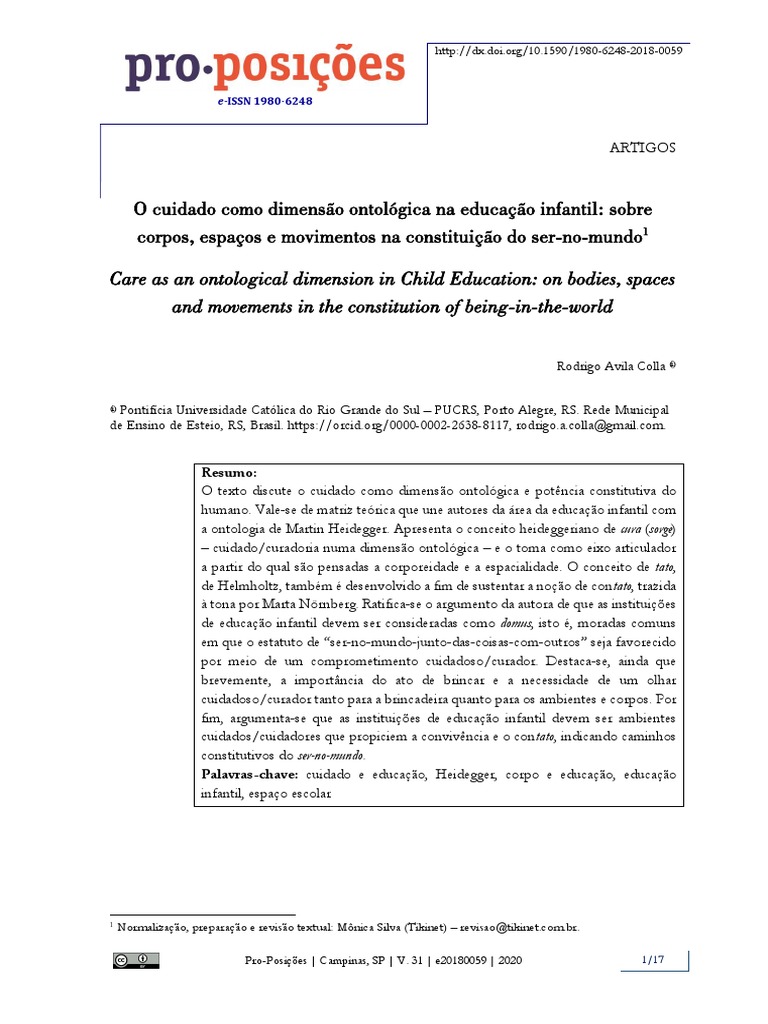 COLLA, Rodrigo Avila. O Cuidado Como Dimensão Ontológica Na Educação ...