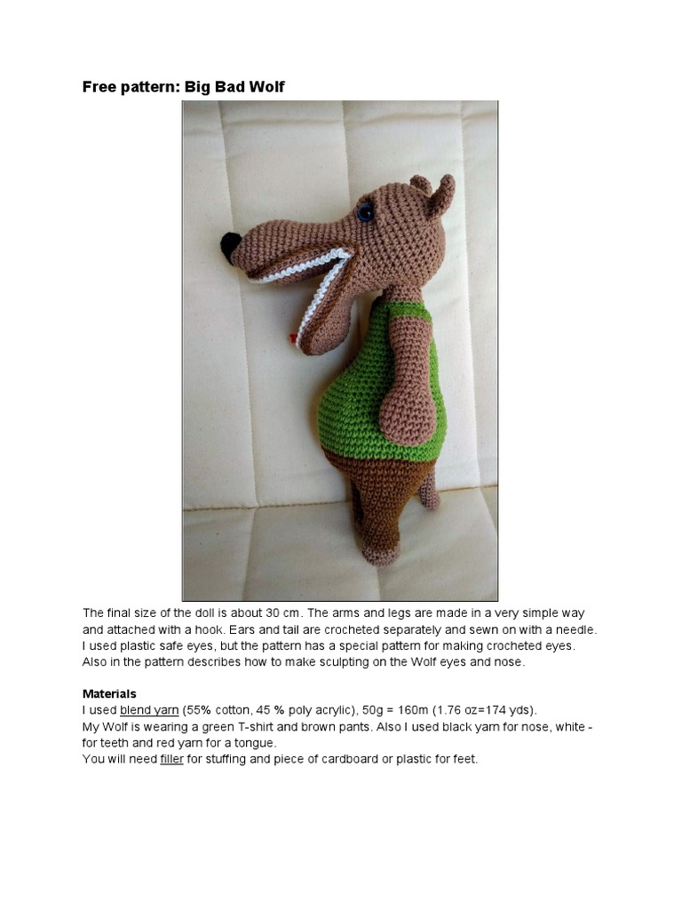 Free Pattern: Big Bad Wolf: Materials | PDF | Crochet | Yarn