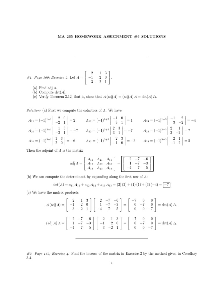 MA 265 Homework Assignment 6 Solutions | PDF | Linear Subspace | Matrix ...
