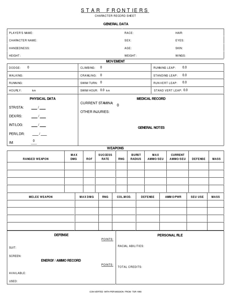 Character Sheet for a Frontiersman in the Star Frontiers Roleplaying ...
