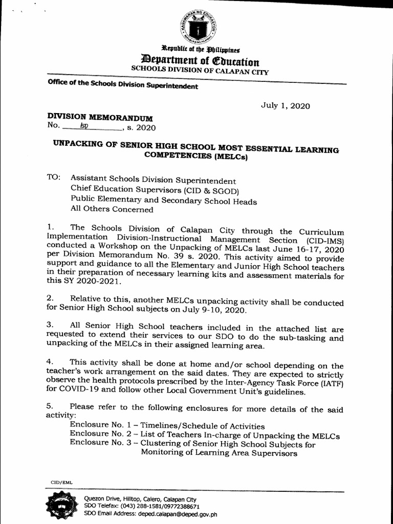 Unpacking of SHS Most Essential Learning Competencies MELCs PDF | PDF