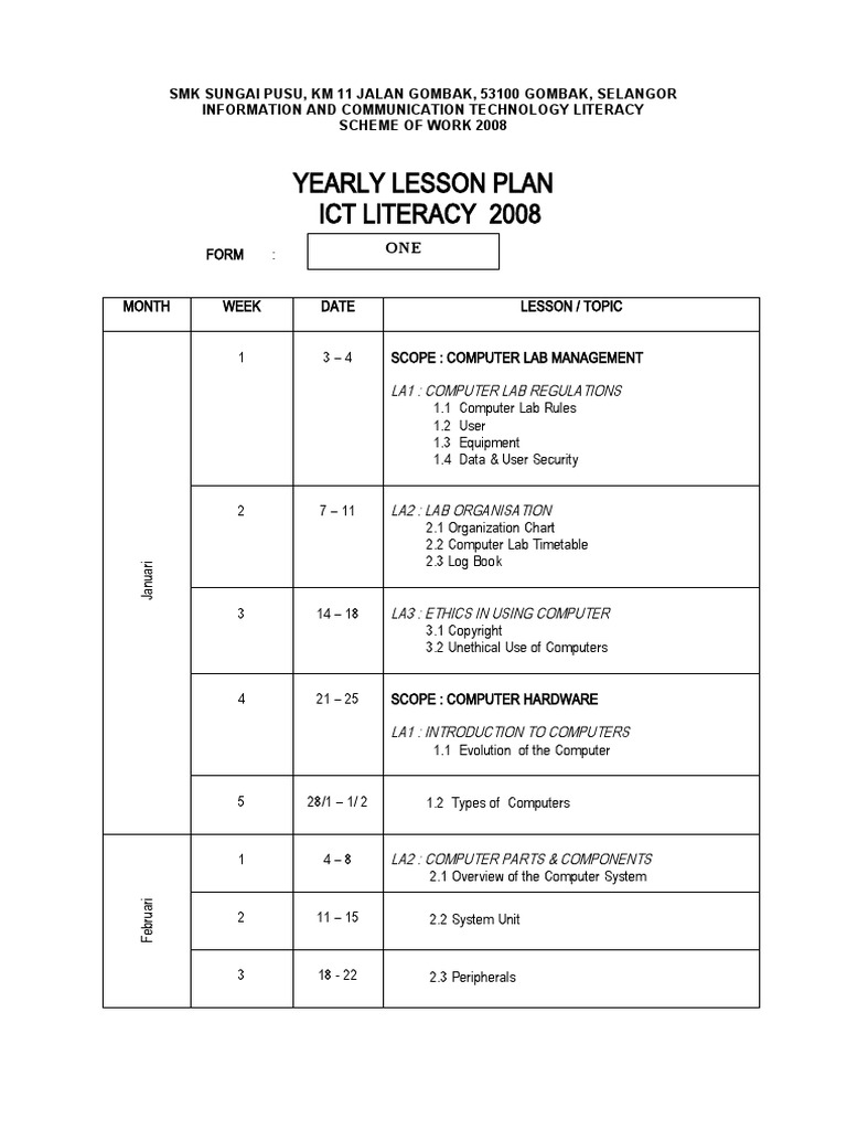 Yearly Lesson Plan Ict Literacy 2008 | PDF | Operating System | Input/Output