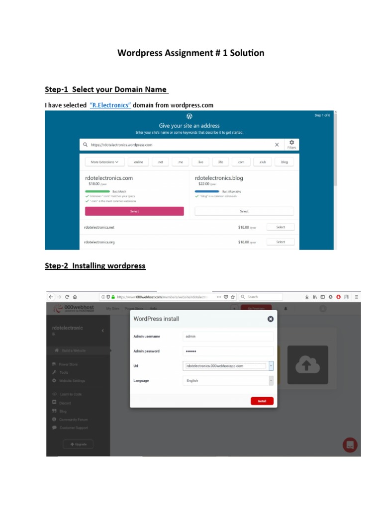 Wordpress Assignment # 1 Solution: Step-1 Select Your Domain Name | PDF