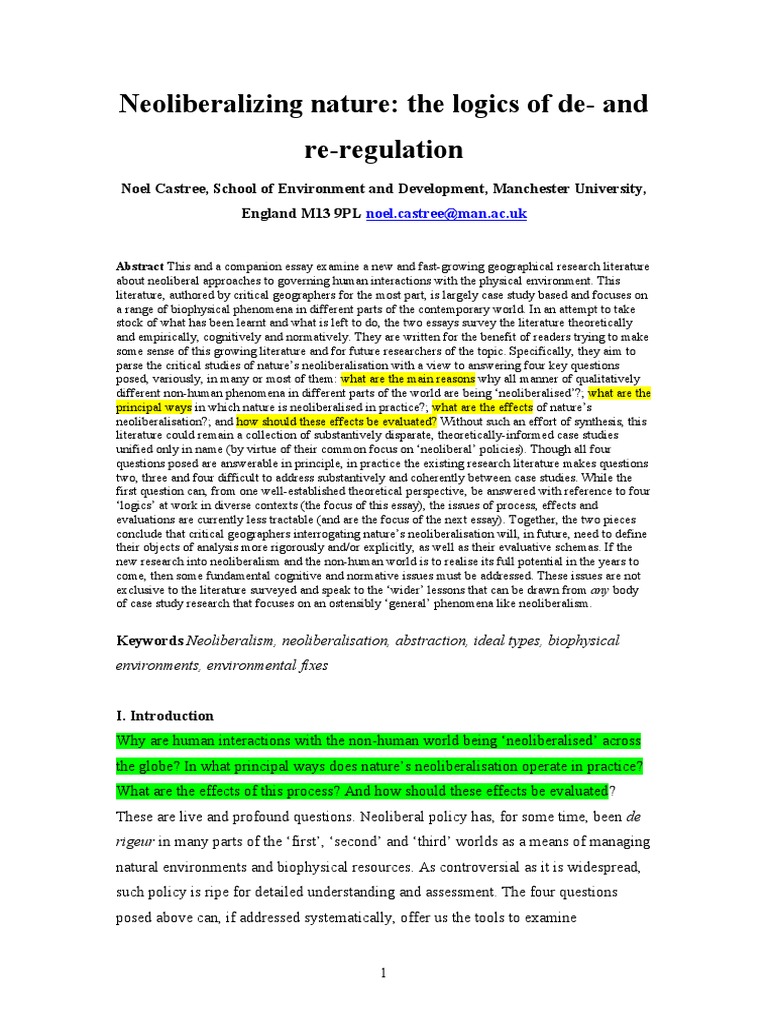 4 Noel Castree Neoliberalizing Nature1 | PDF | Neoliberalism | Capitalism