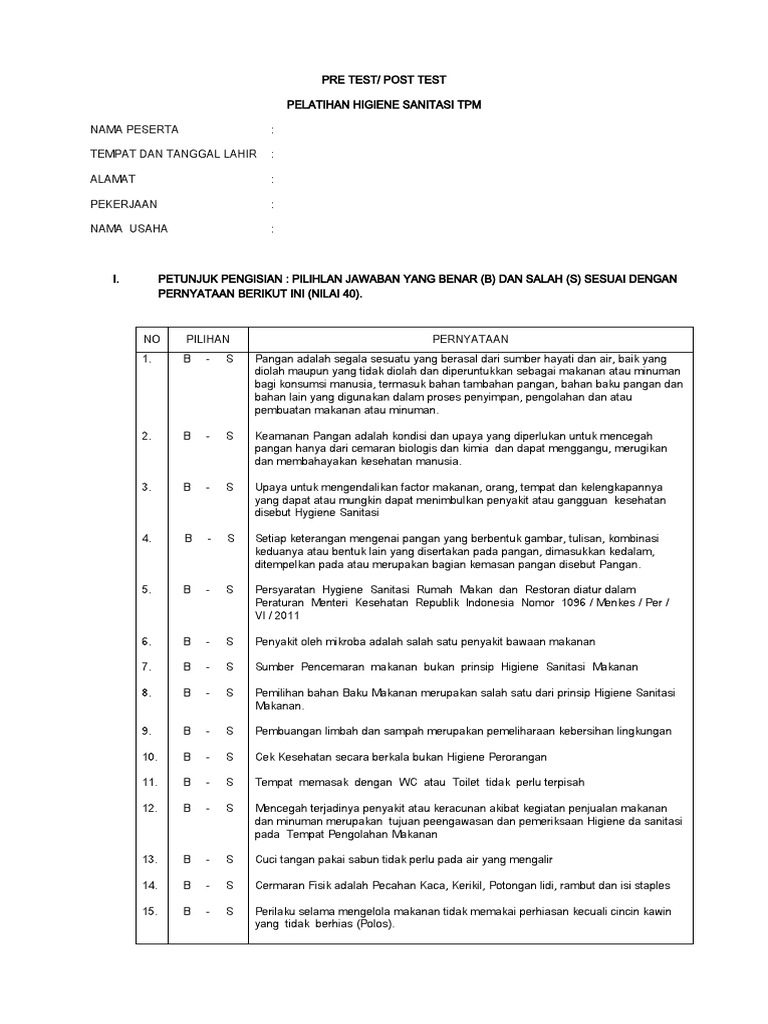 Pre Test Pelatihan Higiene Sanitasi TPM | PDF