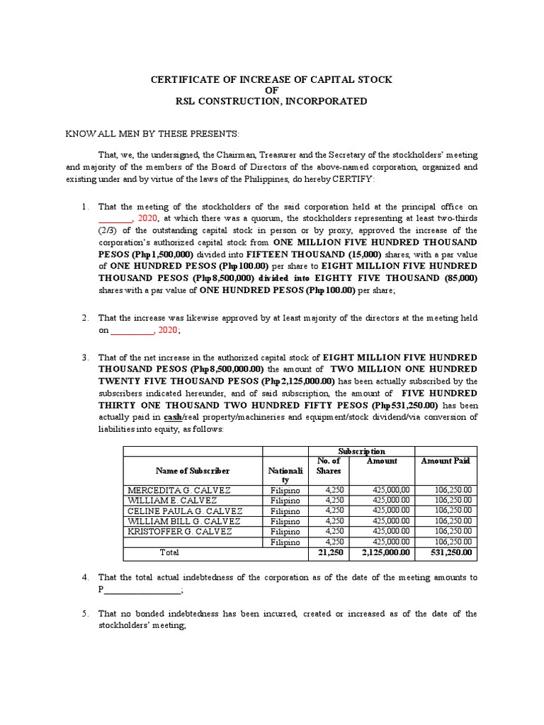 Certificate of Increase of Capital Stock OF RSL Construction ...