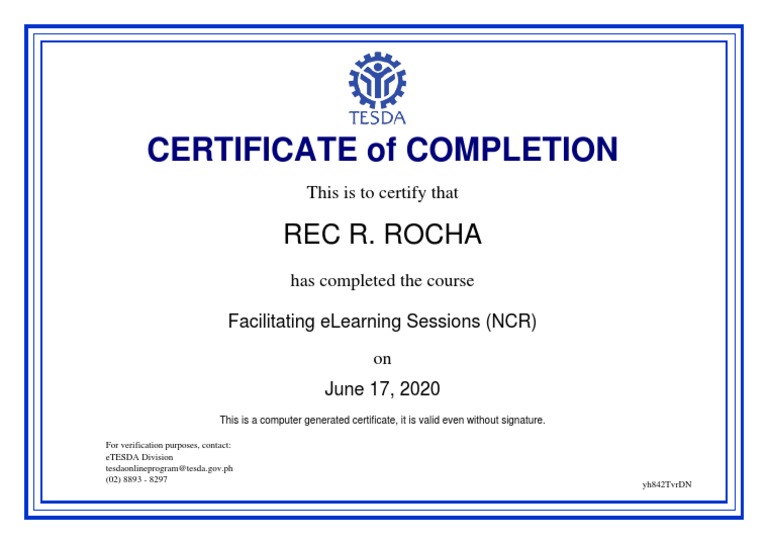 Facilitating Elearning Sessions (NCR) - Certificate of Completion PDF | PDF