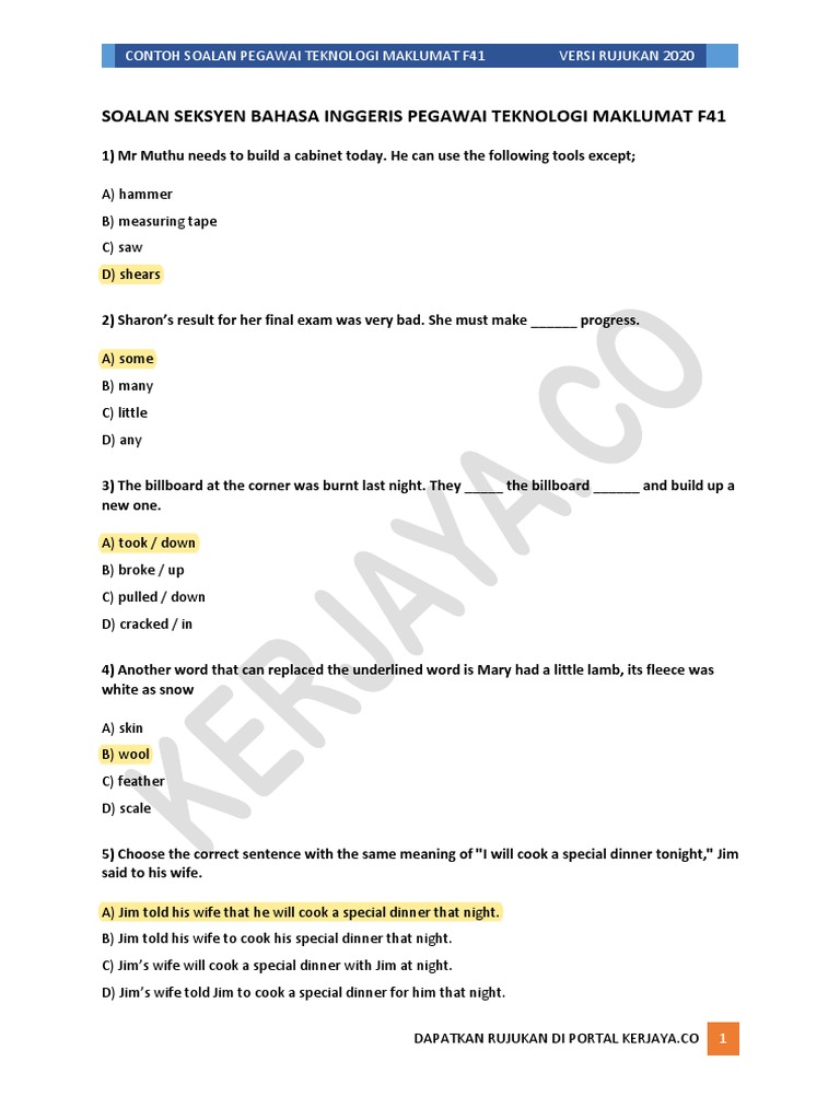 Soalan Set A Bahasa Inggeris Pegawai Teknologi Maklumat | PDF | English ...