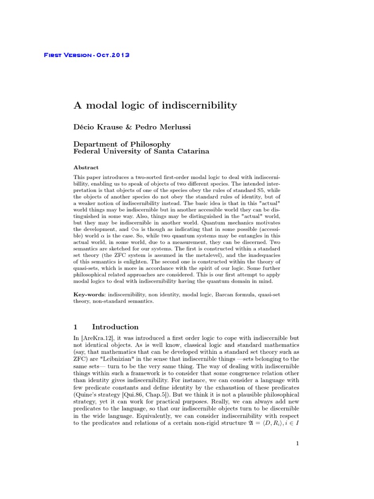 A Modal Logic of Indiscernibility PDF | PDF | Reasoning | Mathematical ...