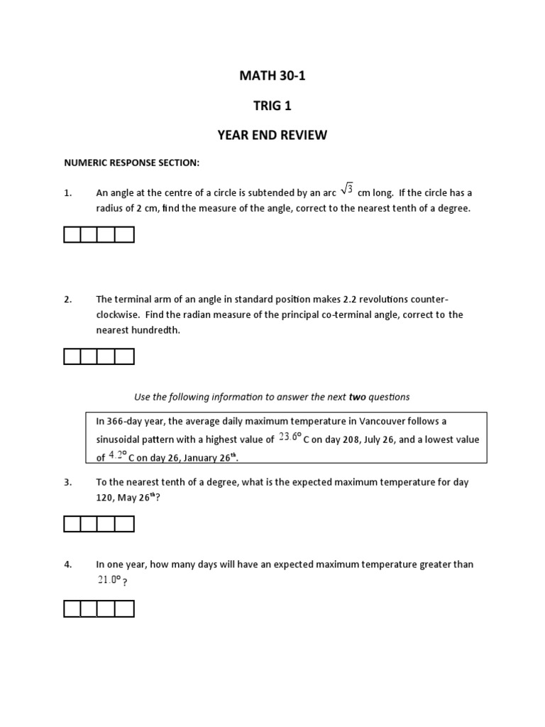 Year End Review Trig 1 | PDF | Trigonometric Functions | Sine