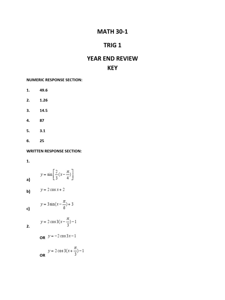 Year End Review Trig 1 Key | PDF