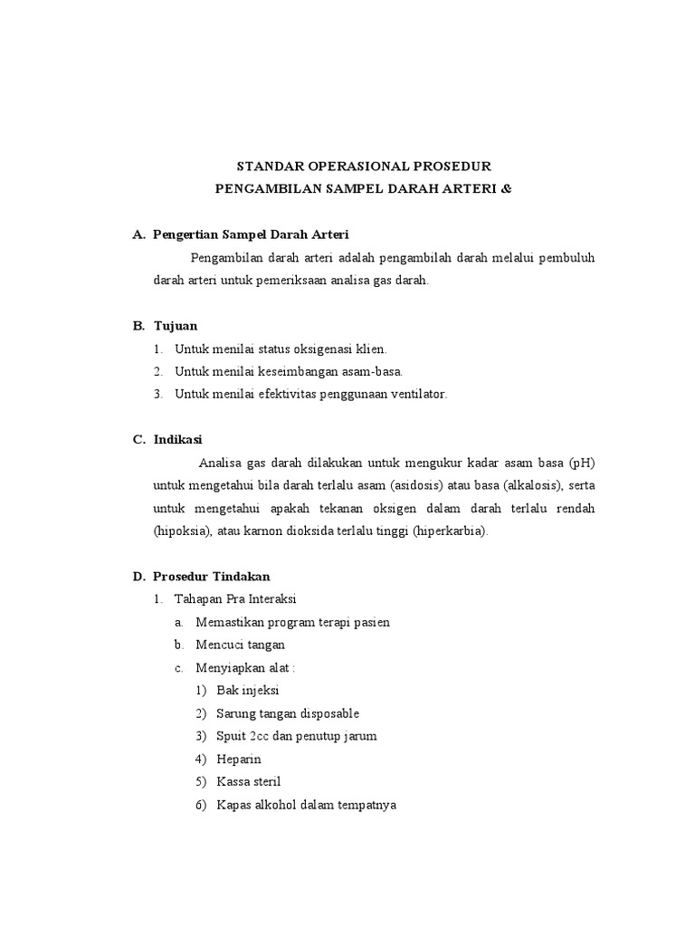 SOP Pengambilan Darah Arteri Dan Interpretasi AGD | PDF