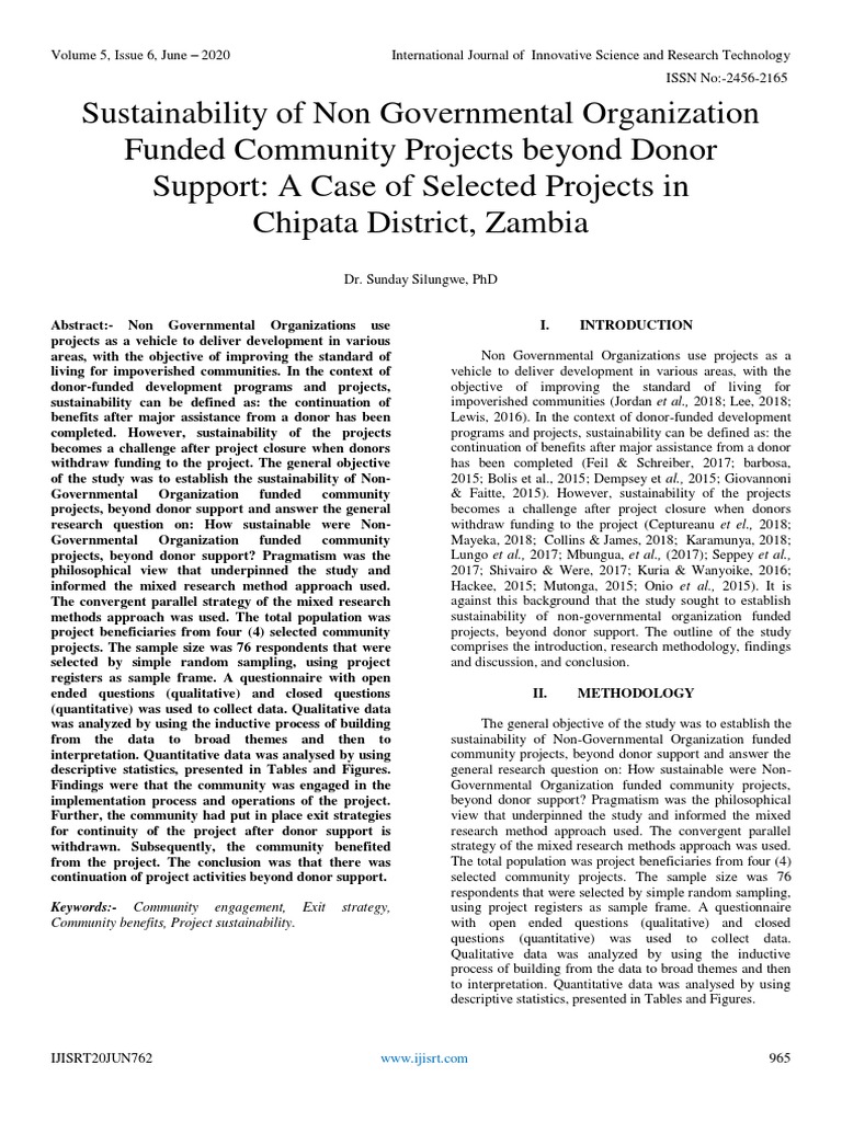 Sustainability of Non Governmental Organization Funded Community Projects Beyond Donor Support A ...
