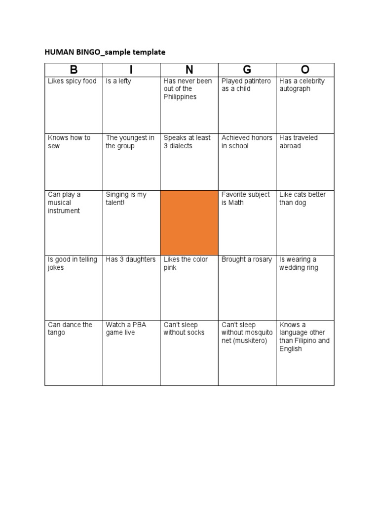 B I N G O: HUMAN BINGO - Sample Template | PDF