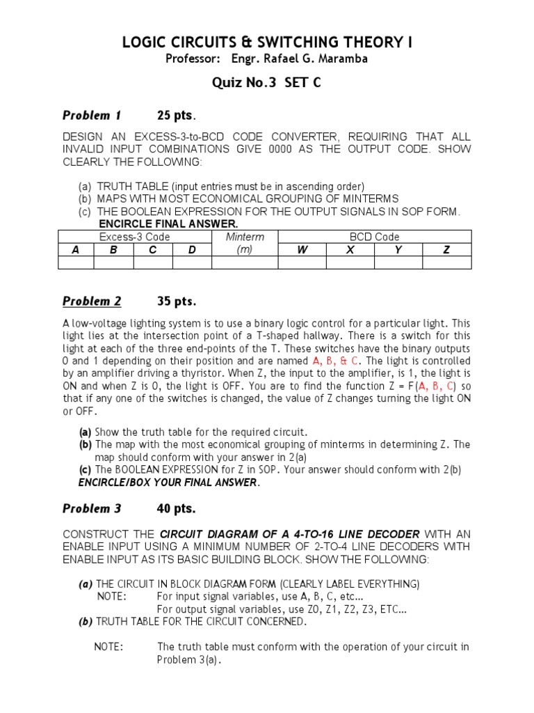 Logic Ckts 1 QUIZ 3 Set C New | PDF | Boolean Algebra | Teaching Mathematics