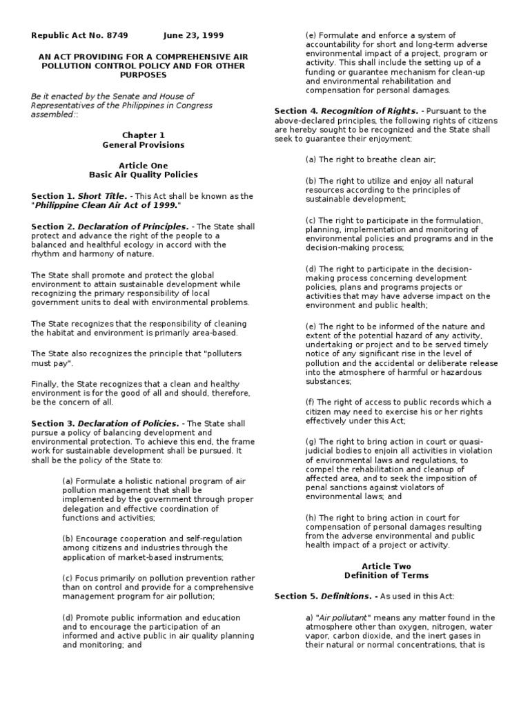 Philippine Clean Air Act Overview | PDF | Air Pollution | Environmental Law